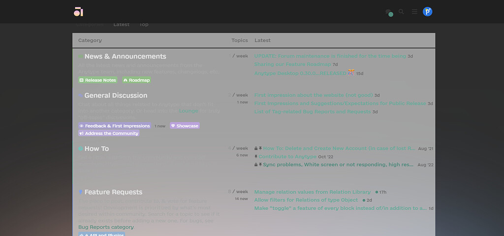Unusable Community In Dark Mode Bug Reports Anytype Community